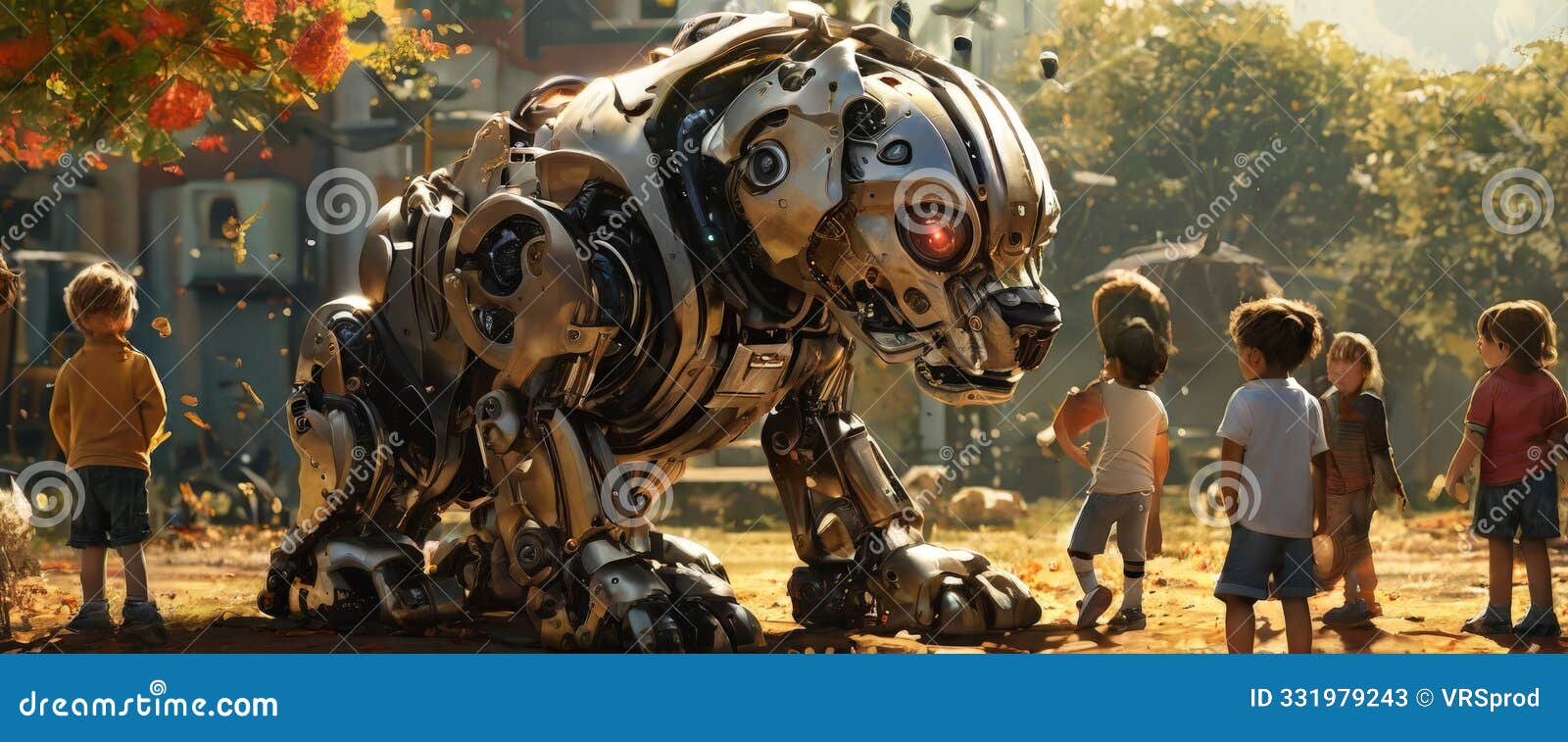 Giant Robotic Creature Surrounded by Curious Children in a Park Stock ...