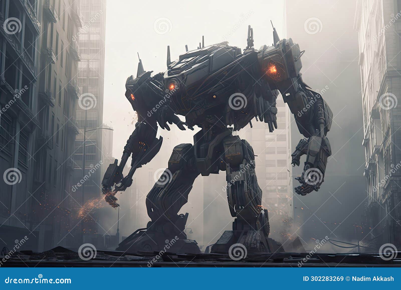 Giant Scifi Robot Attacking City Stock Image - Image of giant, industry ...