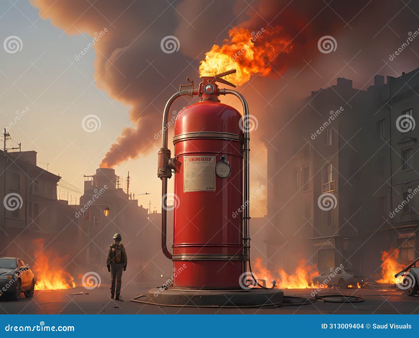 A Giant Sculpture of a Steampunk Fire Extinguisher Surrounded by Modern ...