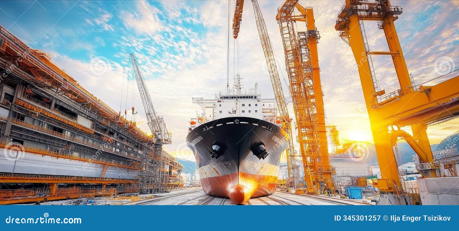 Giant Ship Under Construction In Drydock With Industrial Cranes And ...
