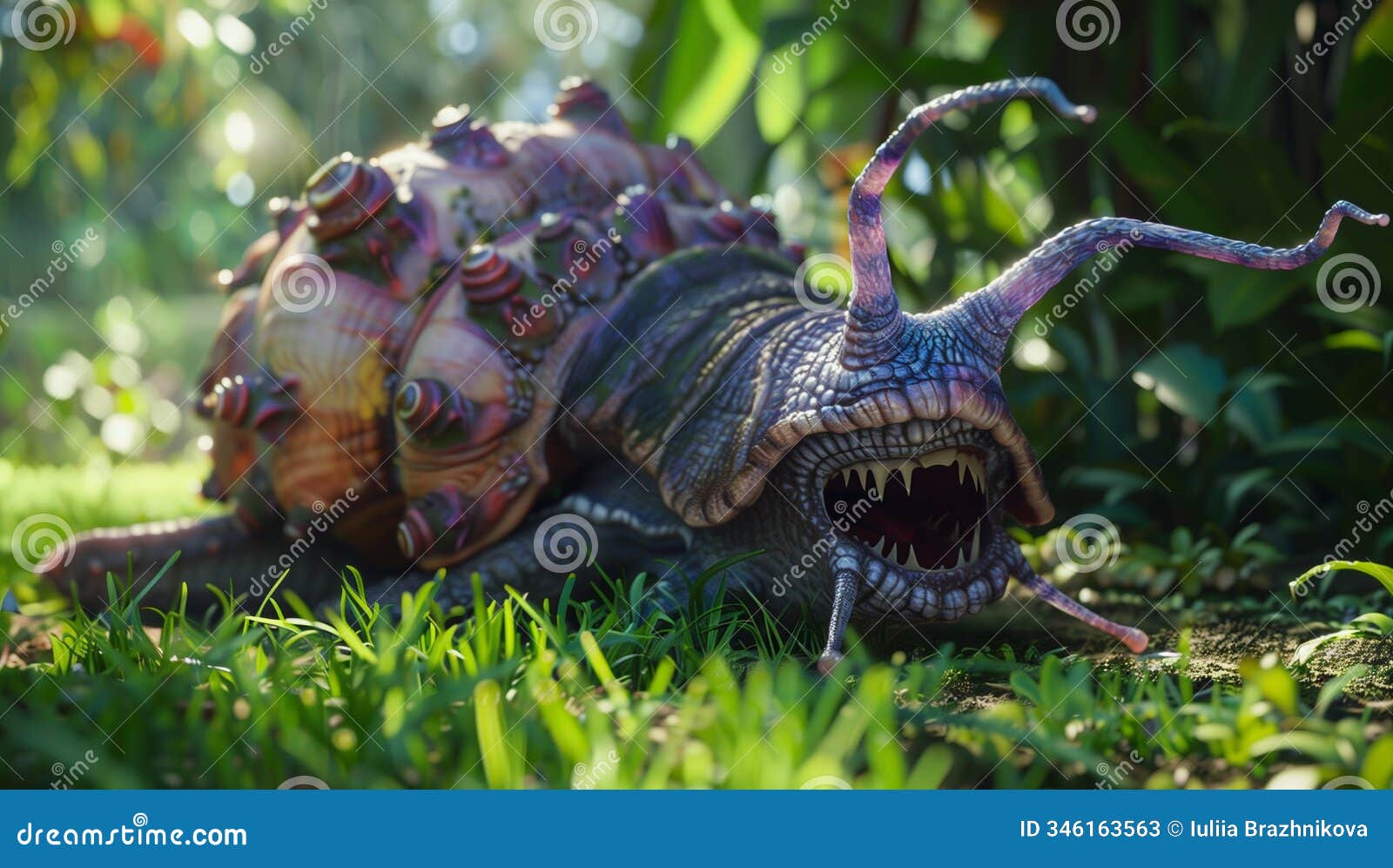 A Giant Snail with Sharp Teeth and Tentacles Crawling on the Grass, in ...