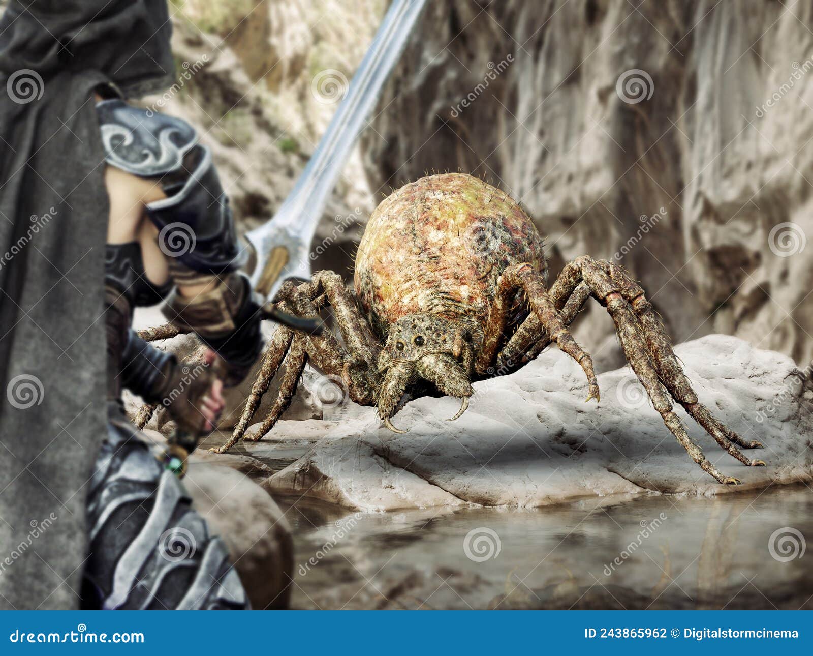 A Giant Spider Battles a Valiant Warrior . Stock Illustration ...