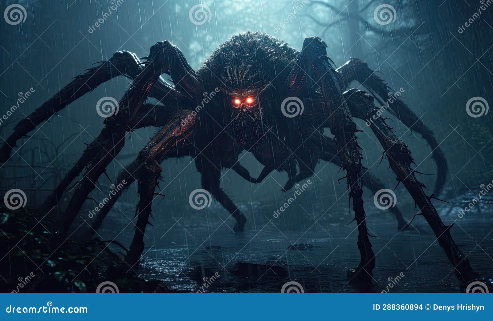 Photo of a Terrifying Giant Spider with Glowing Eyes in the Rain Stock ...