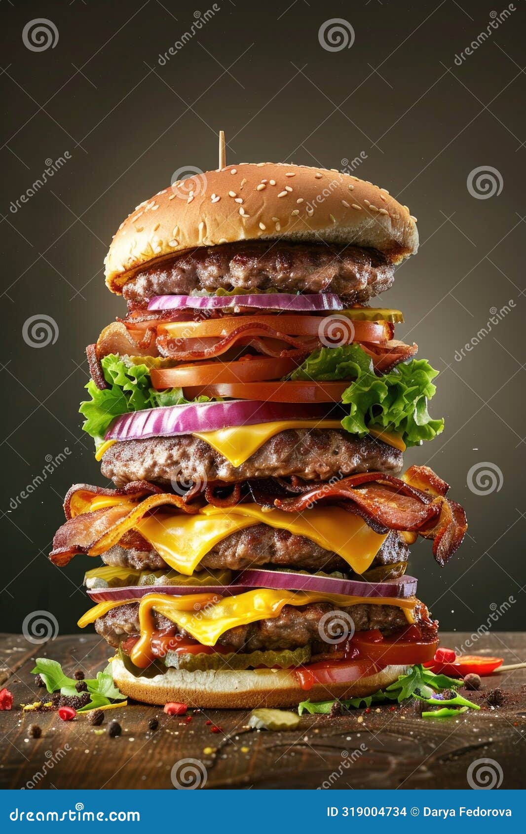 Giant Stacked Cheeseburger with Multiple Beef Patties, Bacon, and Fresh ...