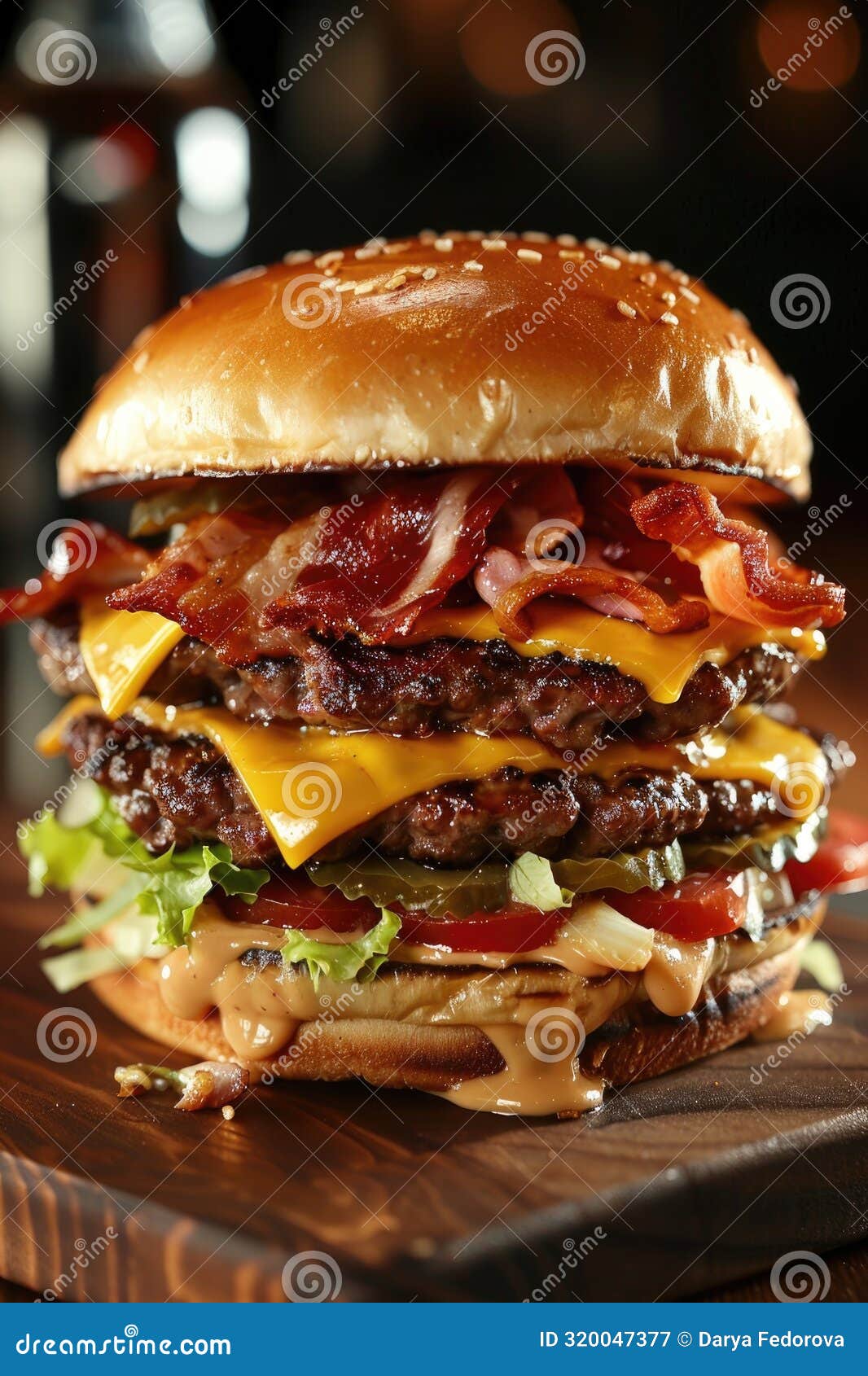 Giant Stacked Cheeseburger with Multiple Beef Patties, Bacon, and Fresh ...