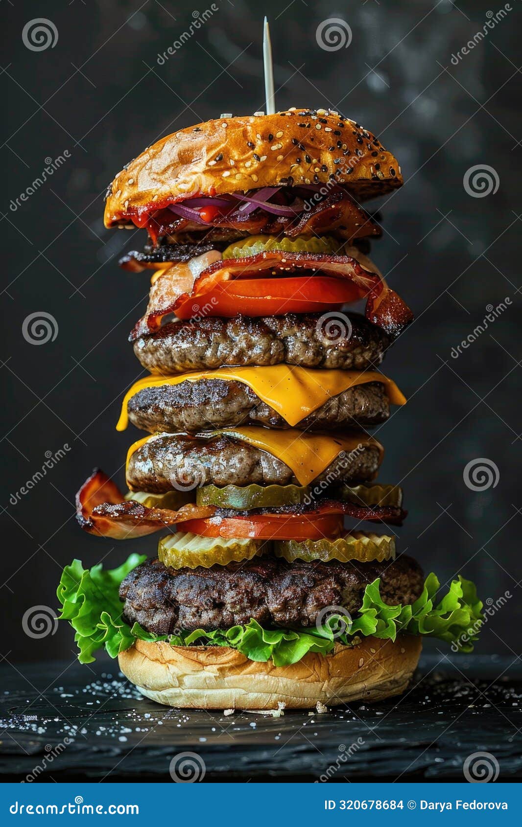 Giant Stacked Cheeseburger with Multiple Beef Patties, Bacon, and Fresh ...
