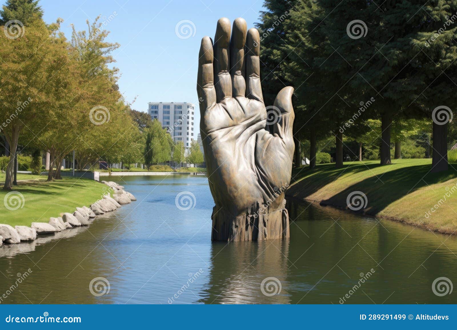 A Giant Statue of a Hand Emerging from a Pond in a City Park Stock ...