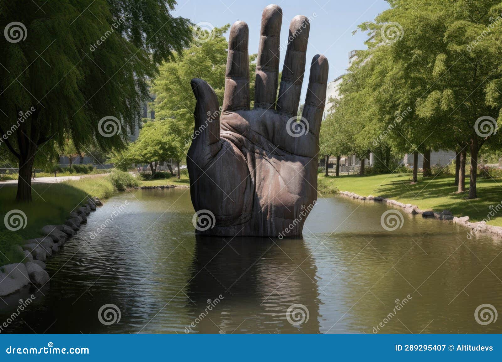 A Giant Statue of a Hand Emerging from a Pond in a City Park Stock ...
