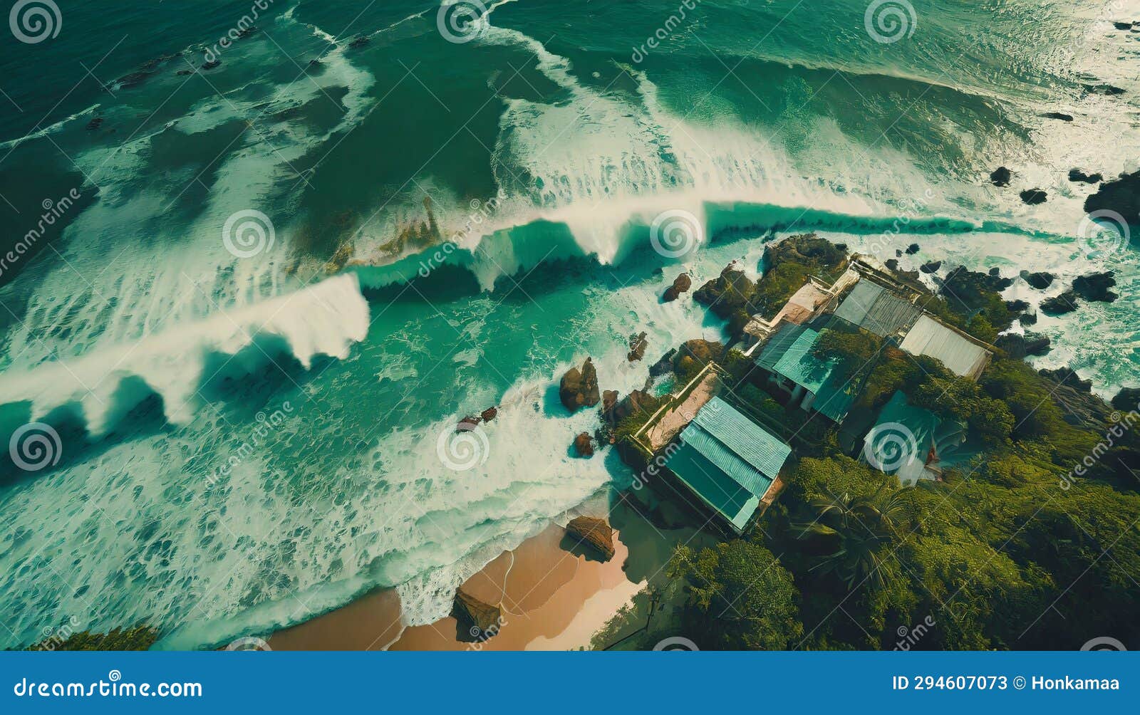 Giant Tidal Tsunami Wave Sweeping in Over Small Village Stock ...