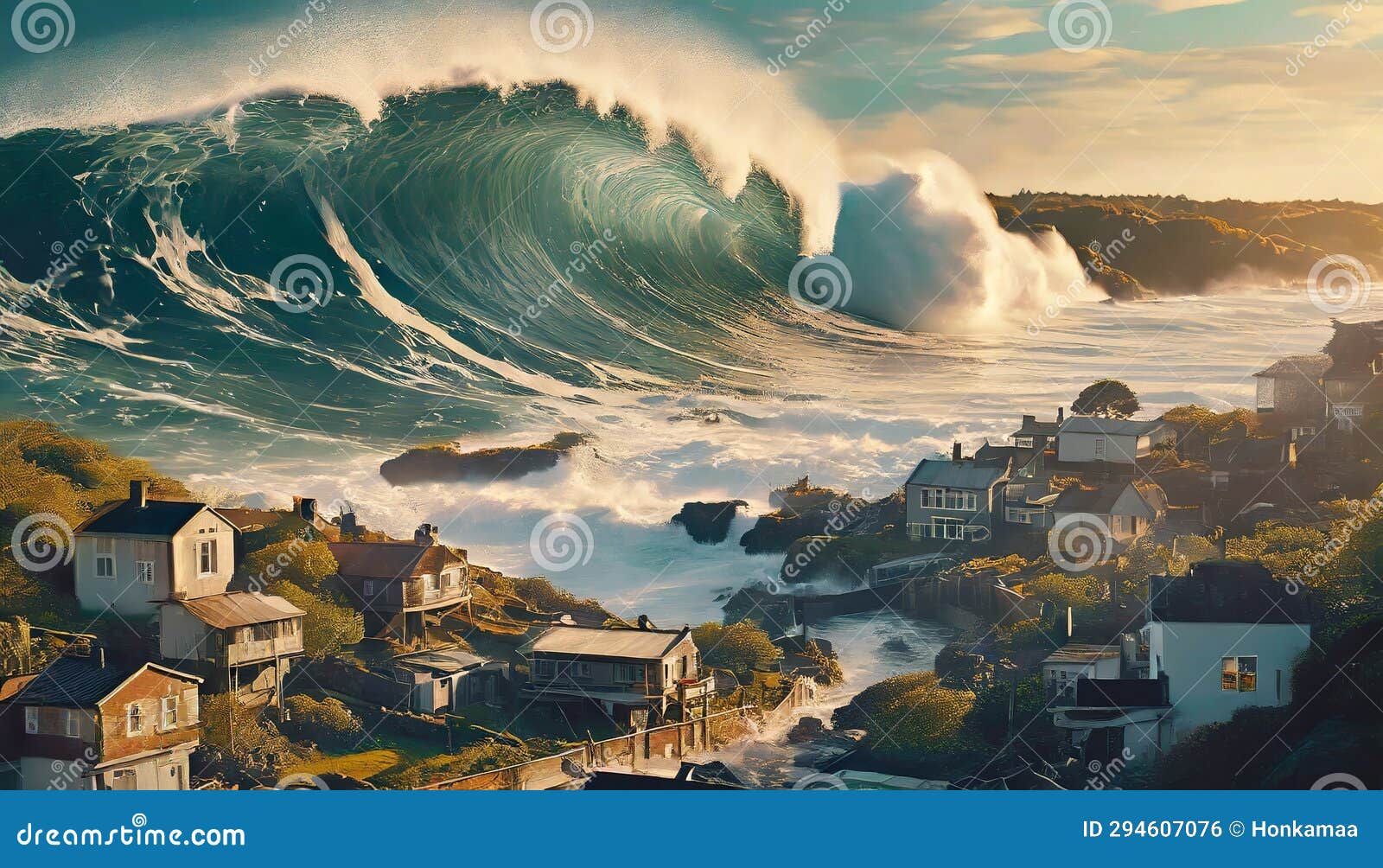 Giant Tidal Tsunami Wave Sweeping in Over Small Village Stock ...
