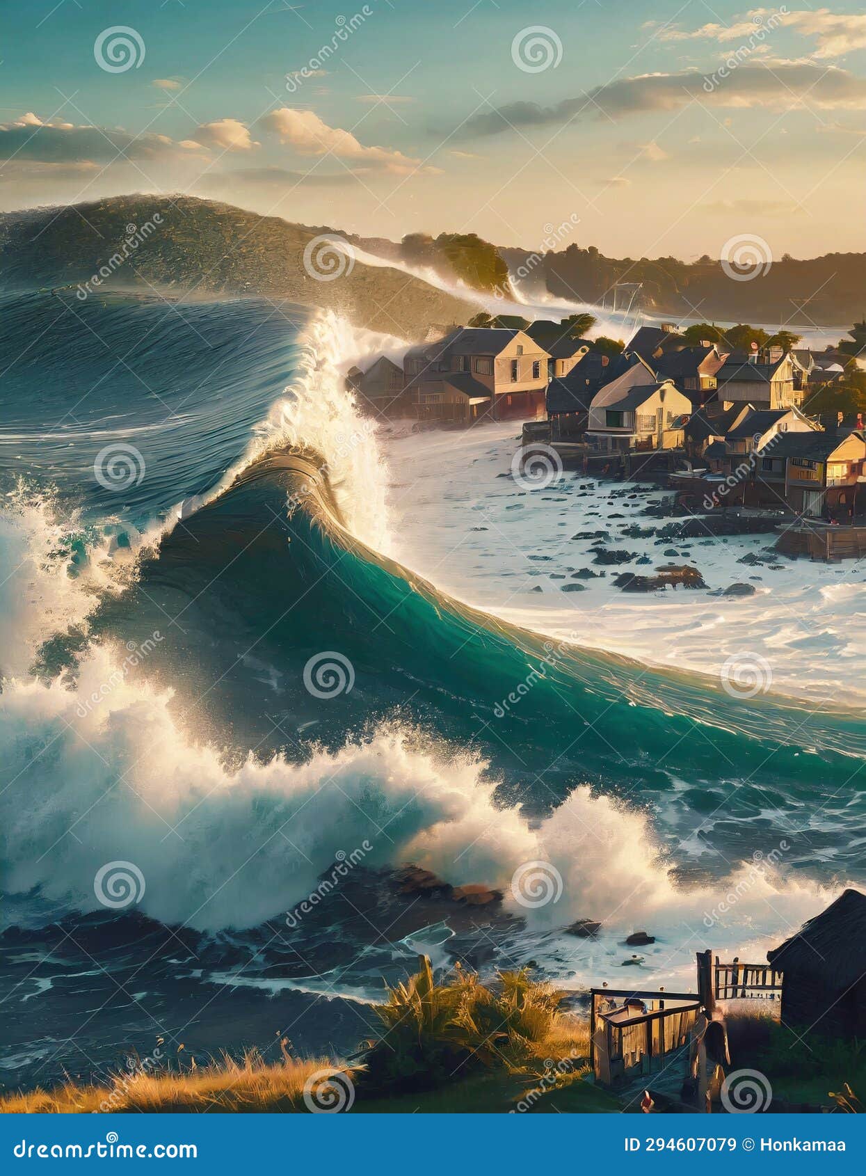 Giant Tidal Tsunami Wave Sweeping in Over Small Village Stock ...
