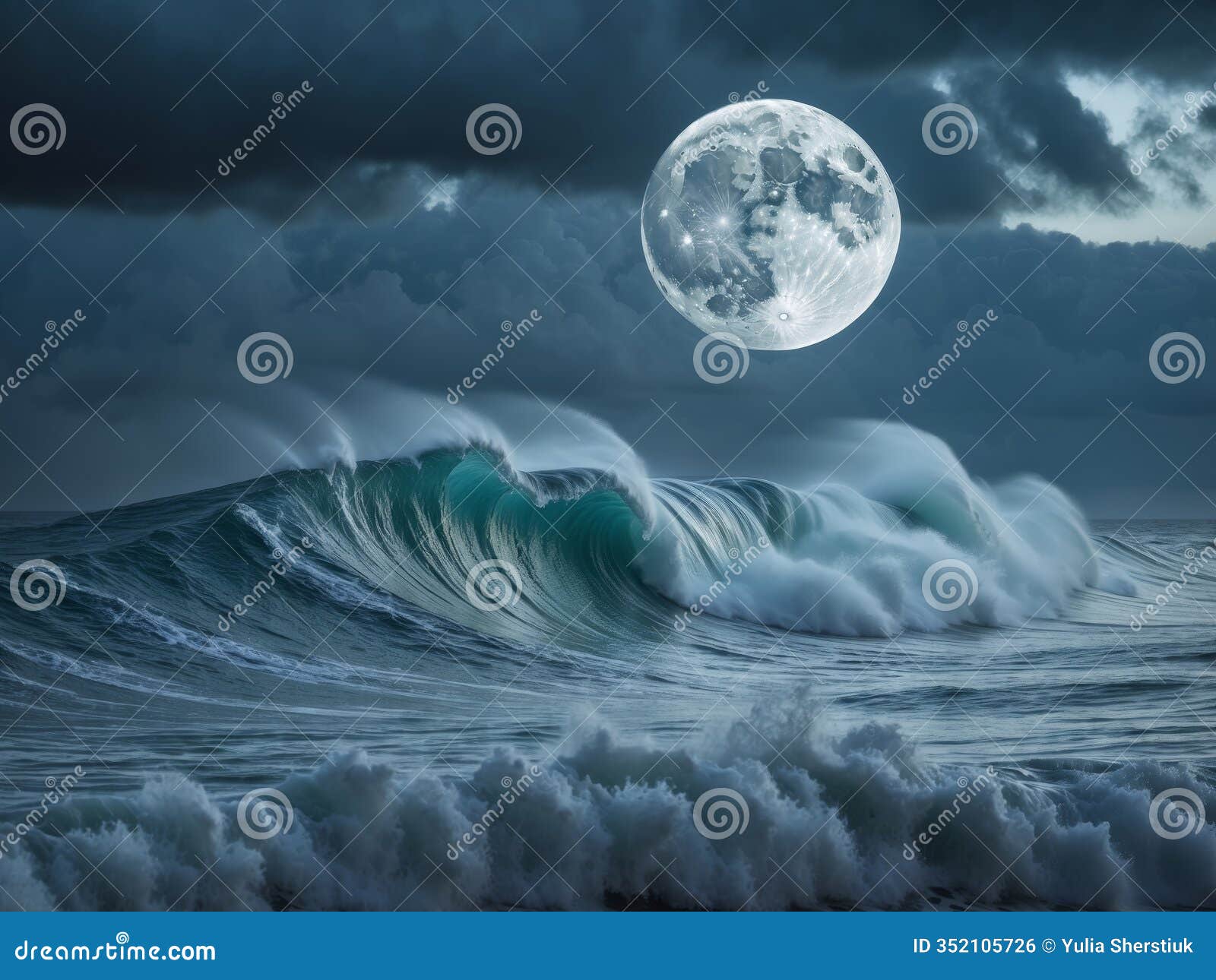 Giant Tidal Wave Rises Under the Full Moon and Stormy Skies Stock Photo ...