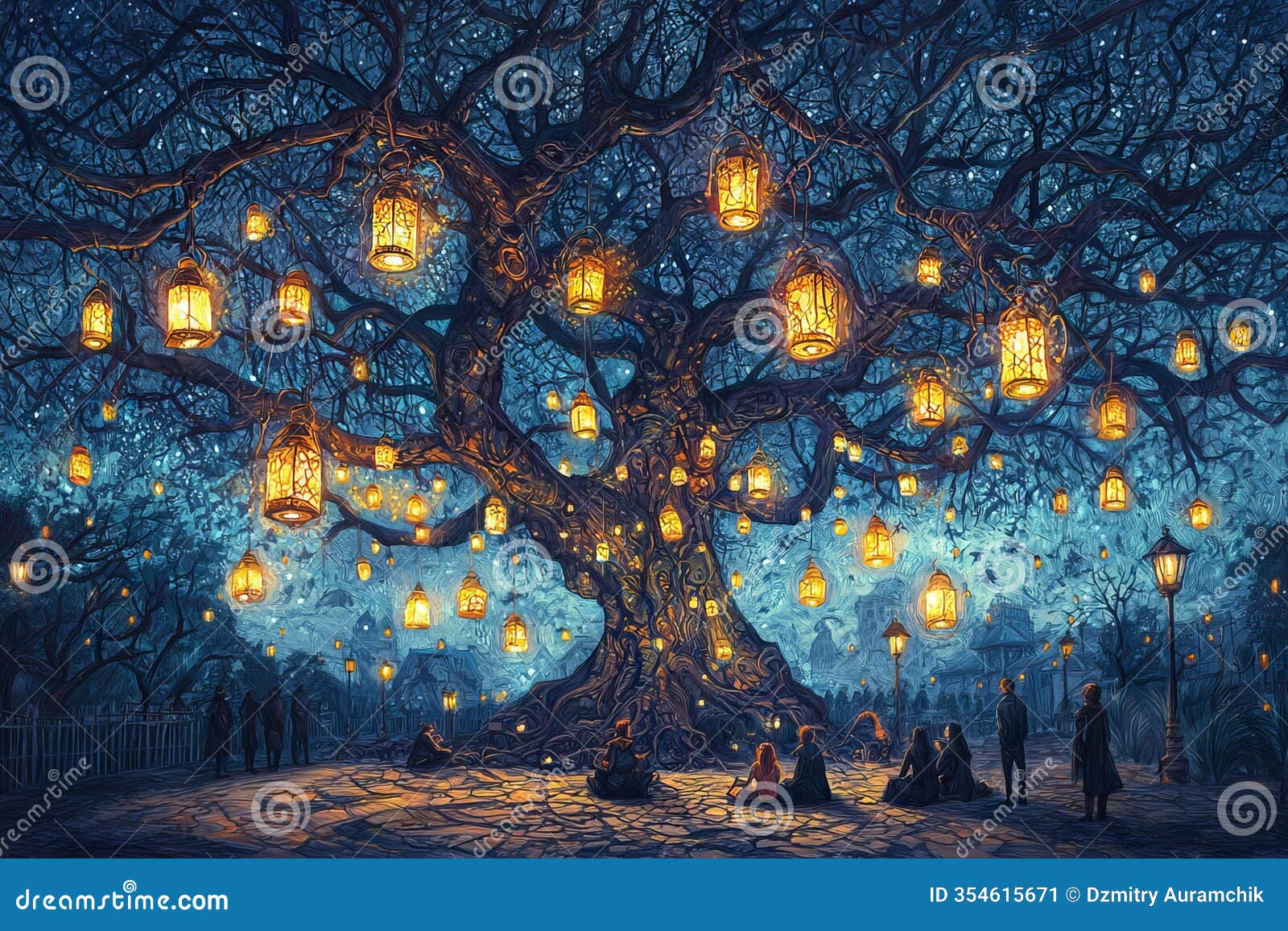 A Giant Tree with a Wide-reaching Crown Adorned with Many Lanterns and ...