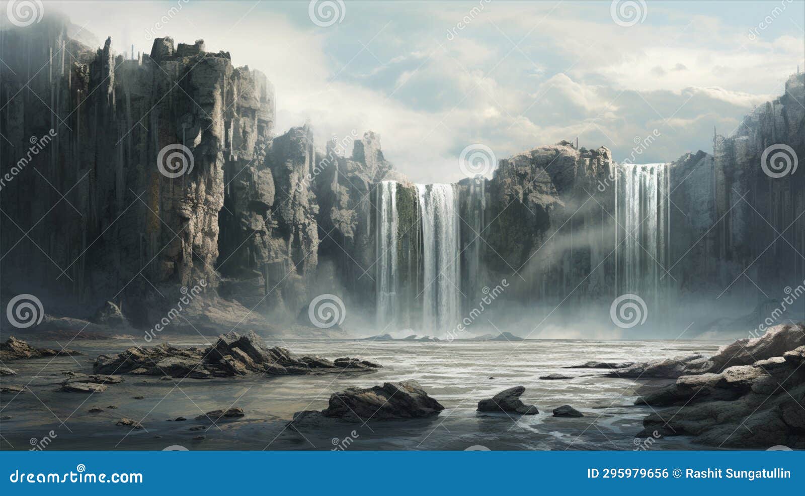 Giant huge waterfall stock illustration. Illustration of river - 295979656