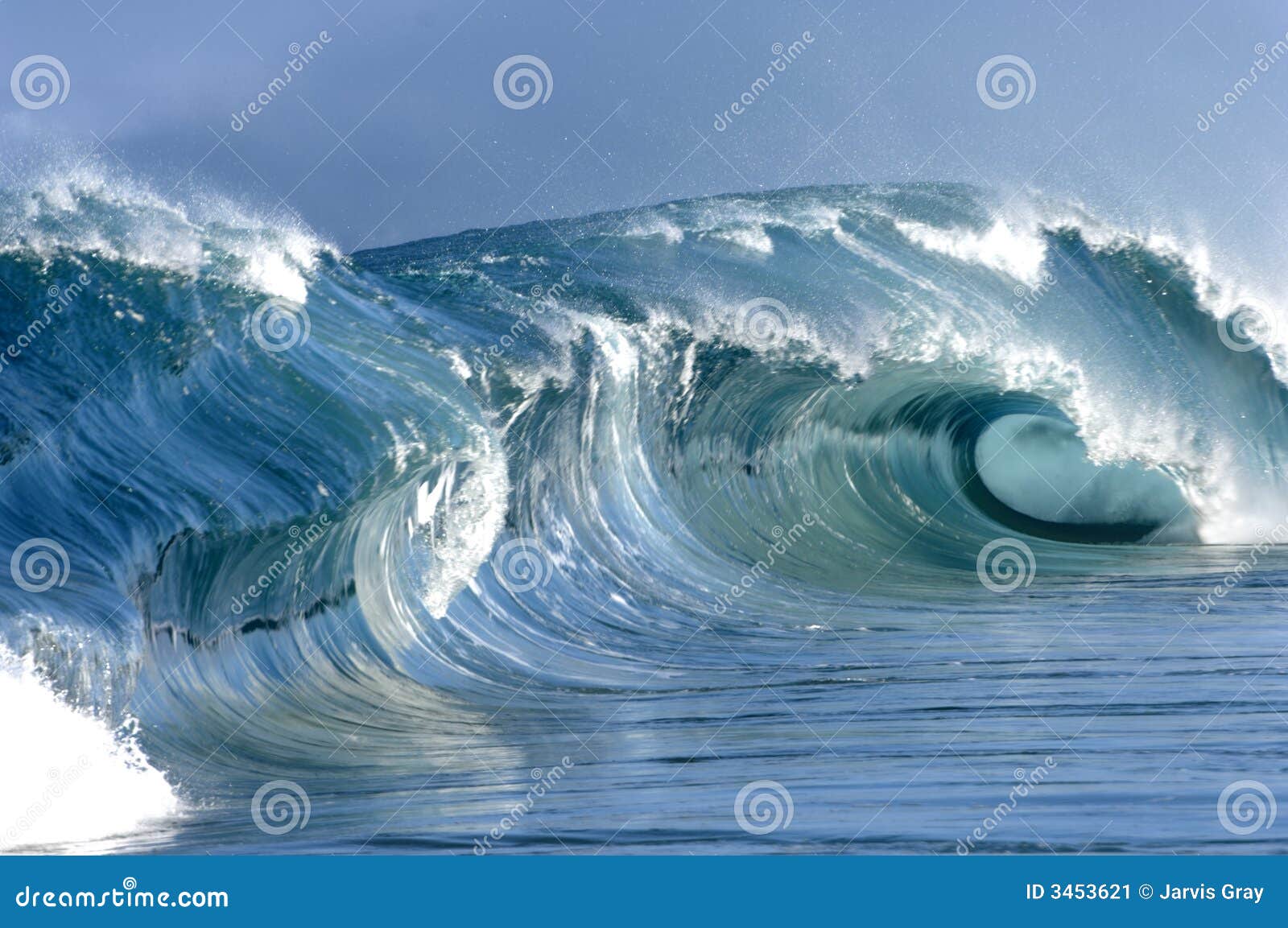 Giant Wave Forming In The Ocean With City Skyline In Background Royalty ...
