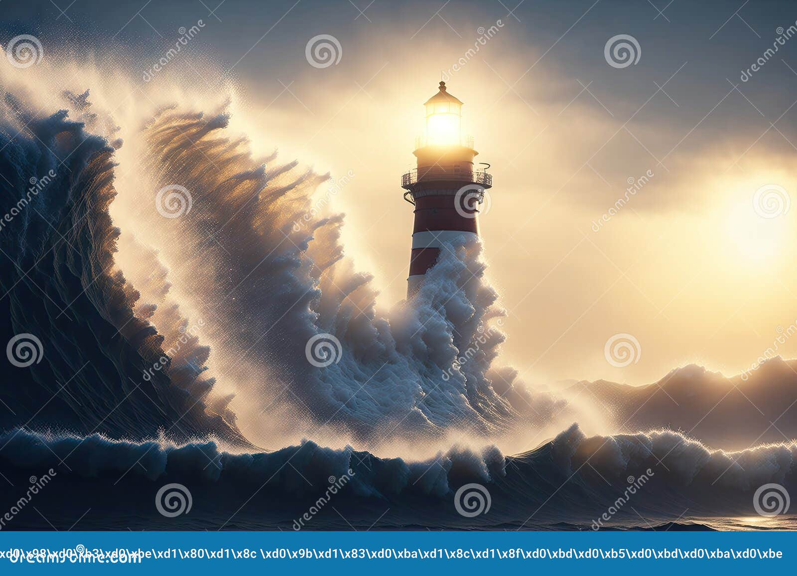 Giant Wave Engulfs Lighthouse Bokeh Lens Flare. Ai Generative Stock ...