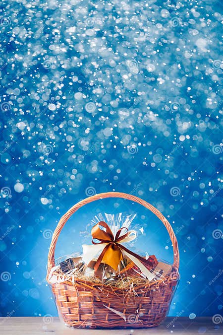 Gift Basket with Festive Particles Stock Photo - Image of food ...