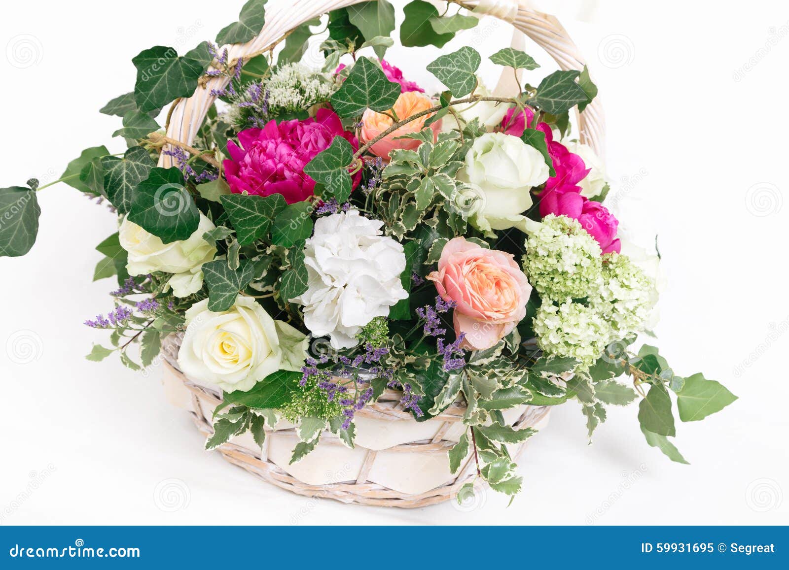 Gift Basket of Flowers Whith Roses Peonies Hydrangea Isolated Stock ...