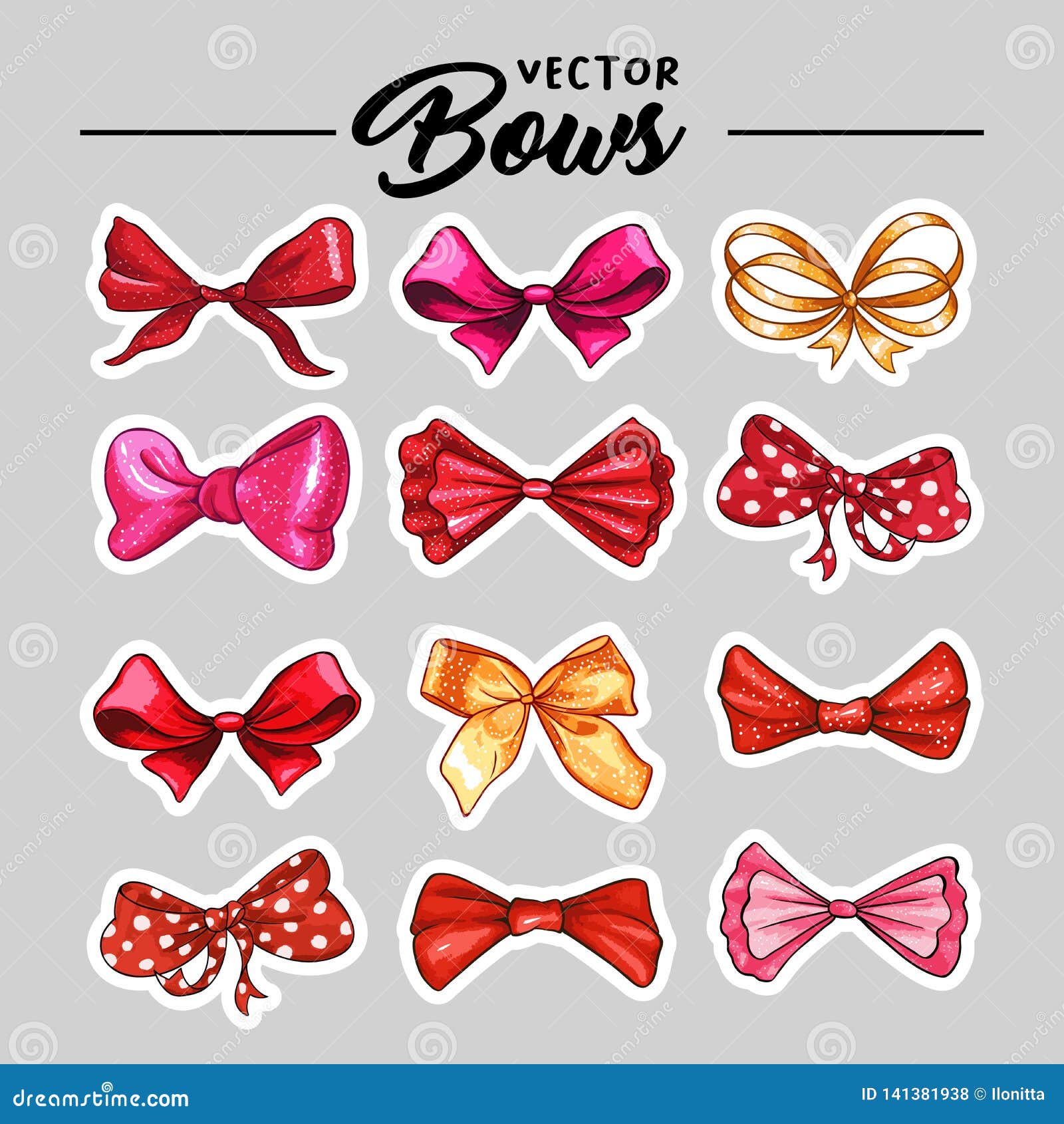 Gift Bow Stickers or Patch Hand Drawn Vector Illustrations Set Stock ...