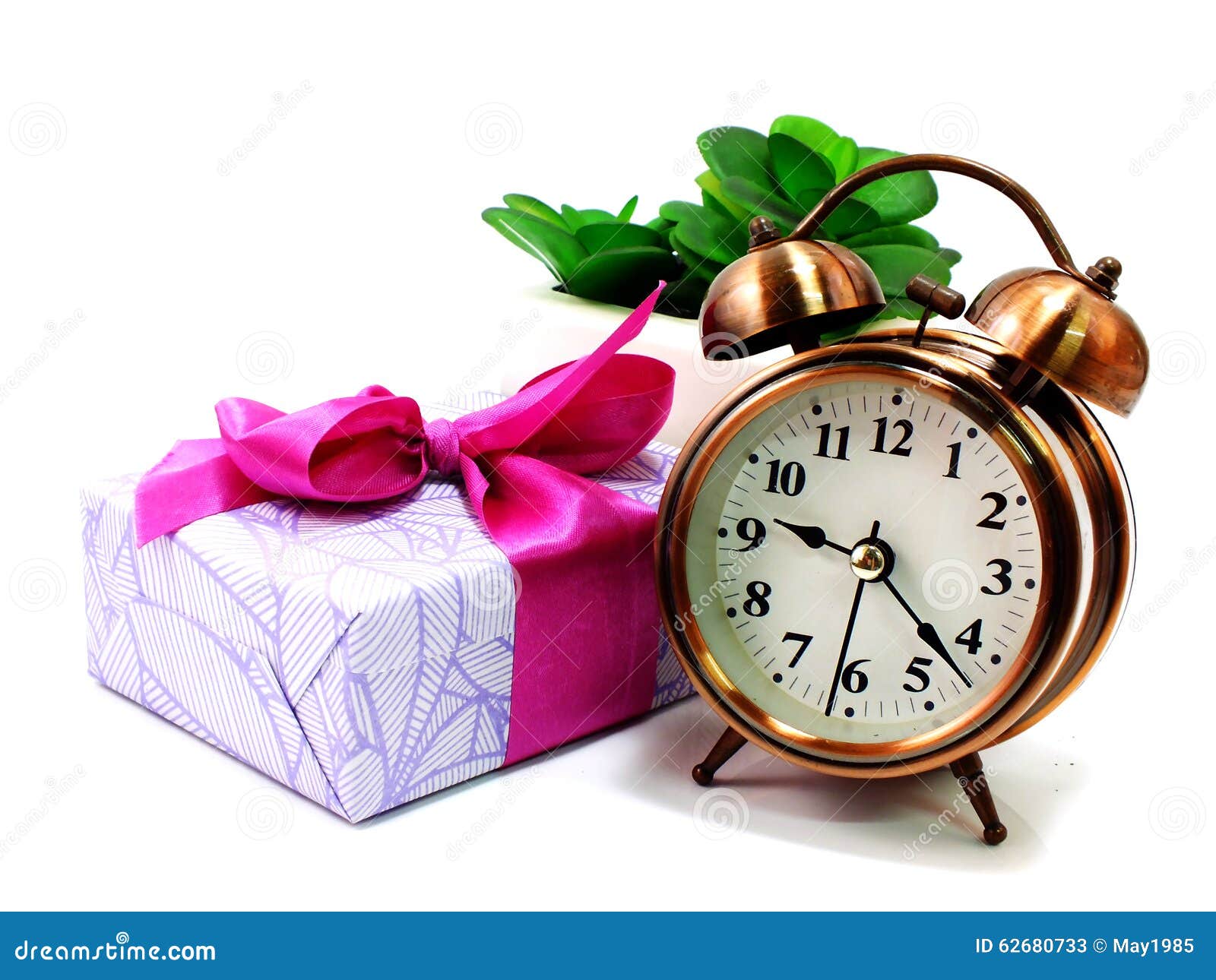 Gift box with alarm clock stock image. Image of space - 62680733