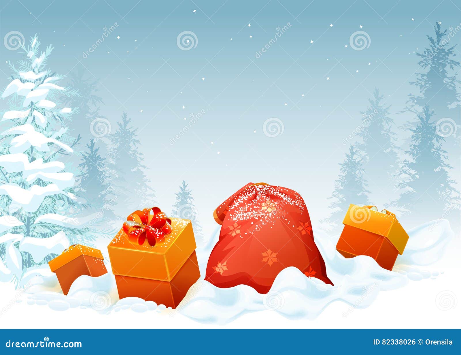Gift Box and Bag on Snow in Winter Forest Stock Vector - Illustration ...