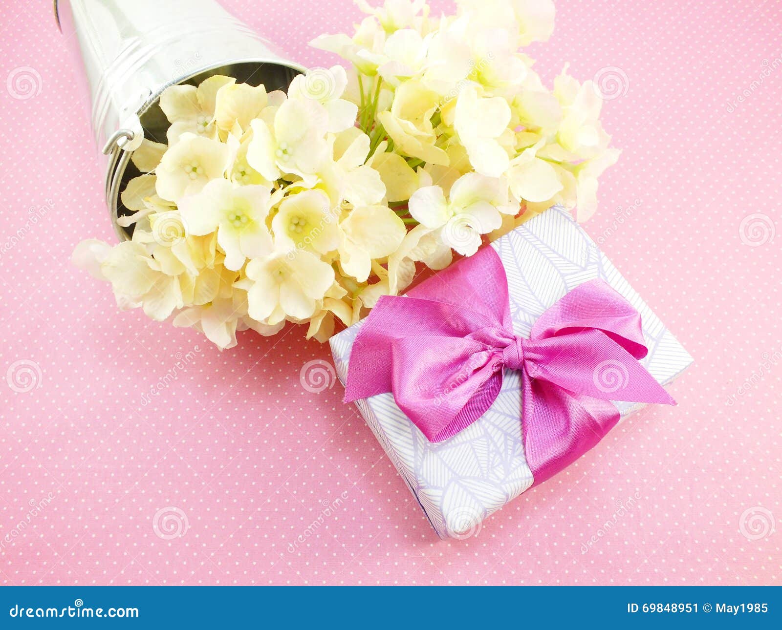 Gift Box and Beautiful Flowers Bouquet with Space Copy Stock Image ...