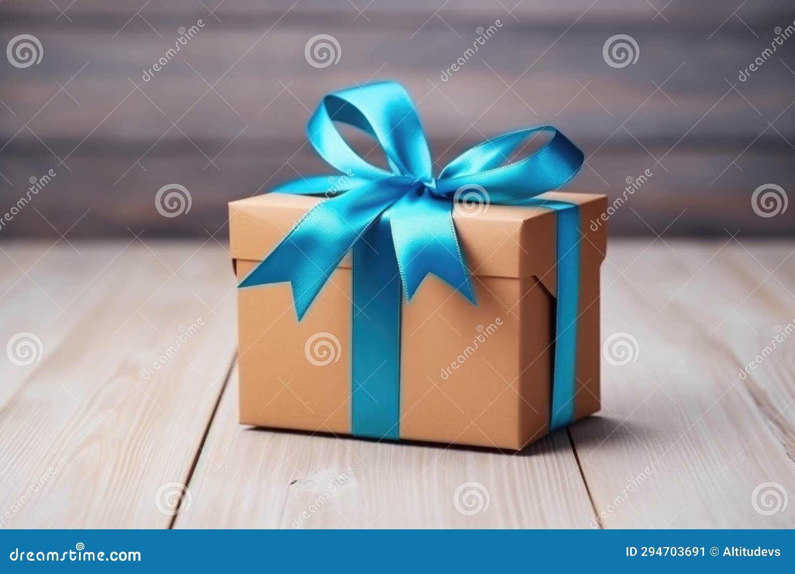 Gift Box with Blue Ribbon on Wooden Table Stock Image - Image of gift ...