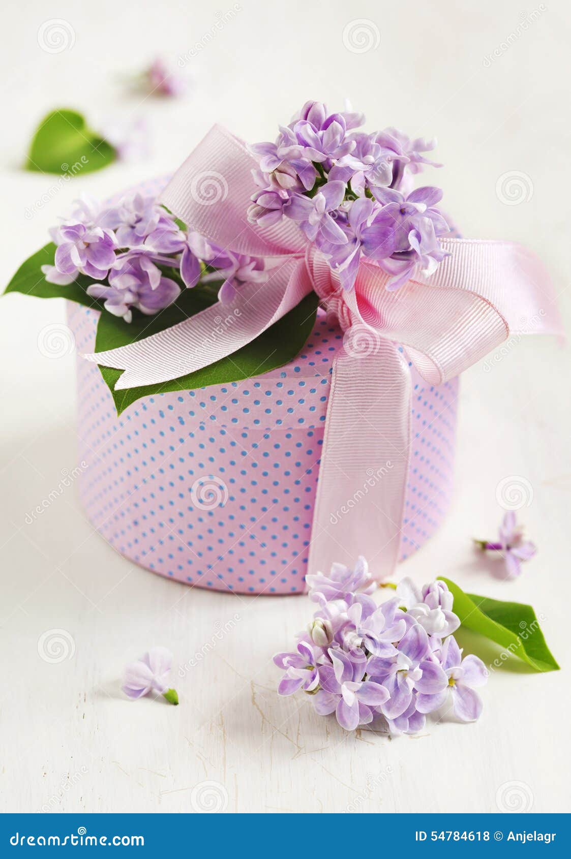 Gift Box Decorated with Purple Lilac and Ribbons Stock Photo - Image of ...