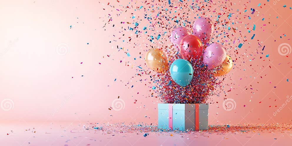 A Gift Box Exploding with Confetti, Streamers, and Balloons ...