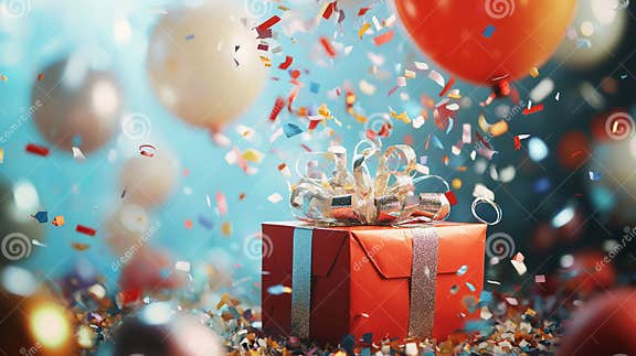 A Gift Box Exploding with Confetti, Streamers, and Balloons ...