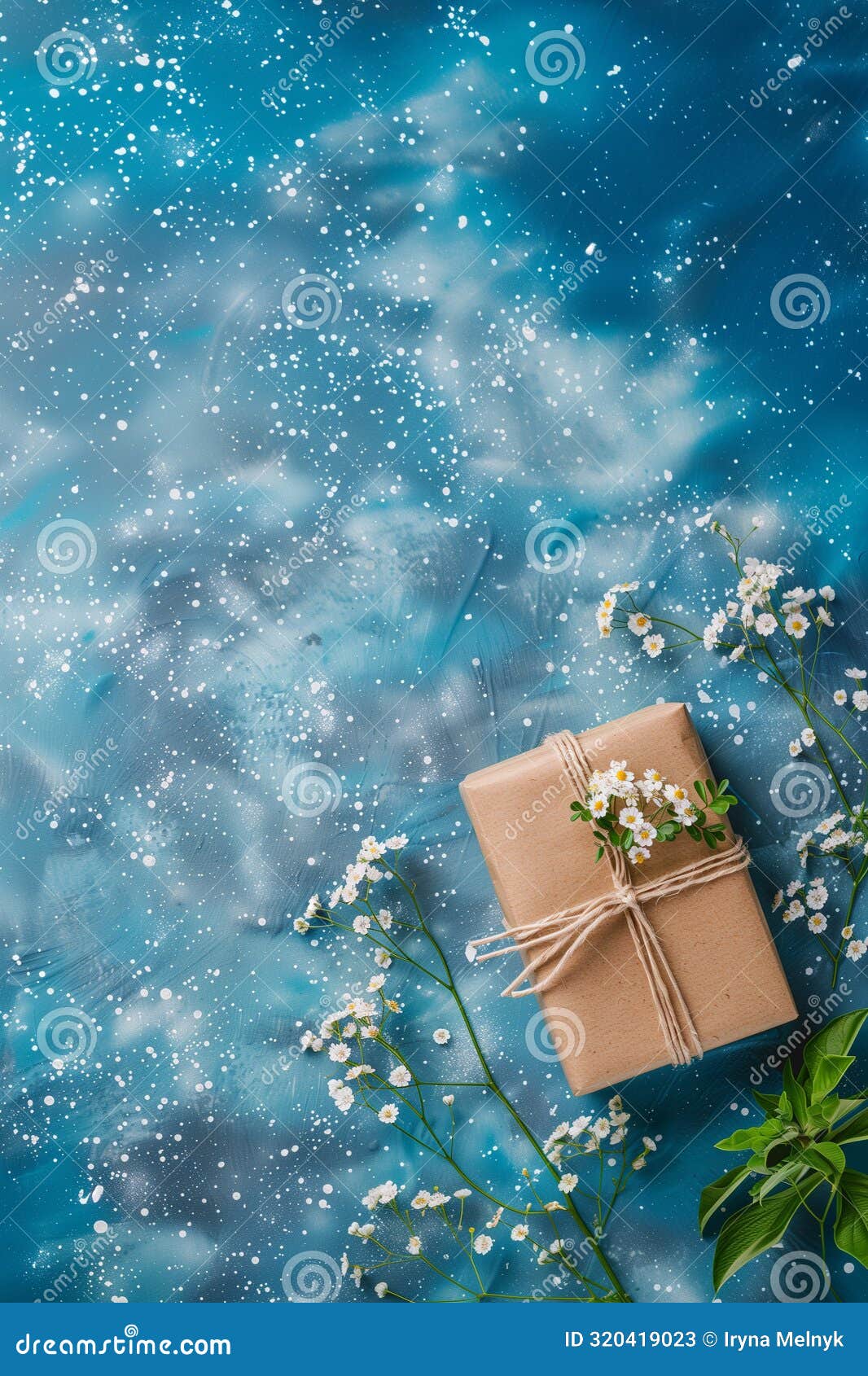 Gift Box with Flowers on Blue Background Stock Image - Image of ...