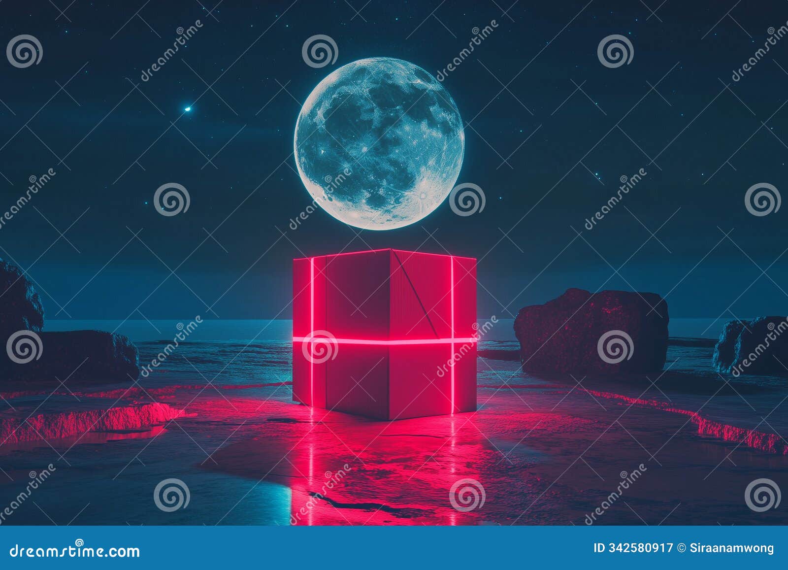 Gift Box in Front of the Moon. Synthwave Style. by Generative Ai Stock ...