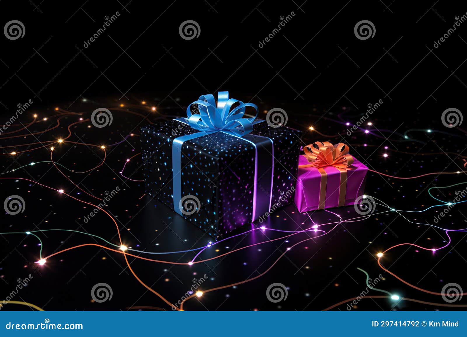 Gift Box with Glowing Lights on a Black Background. 3D Rendering ...