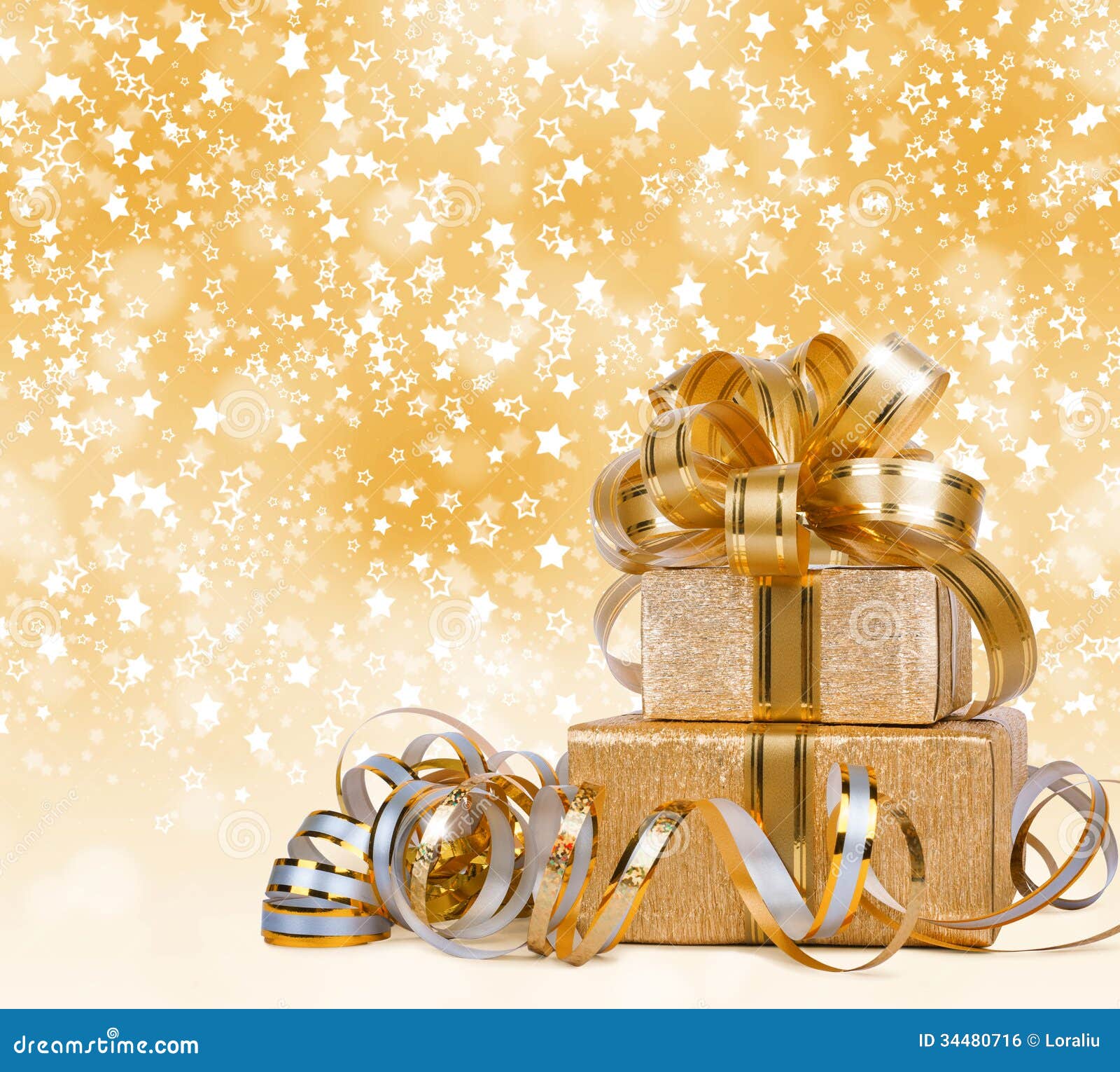 Gift Box in Gold Wrapping Paper Stock Photo - Image of ornament ...