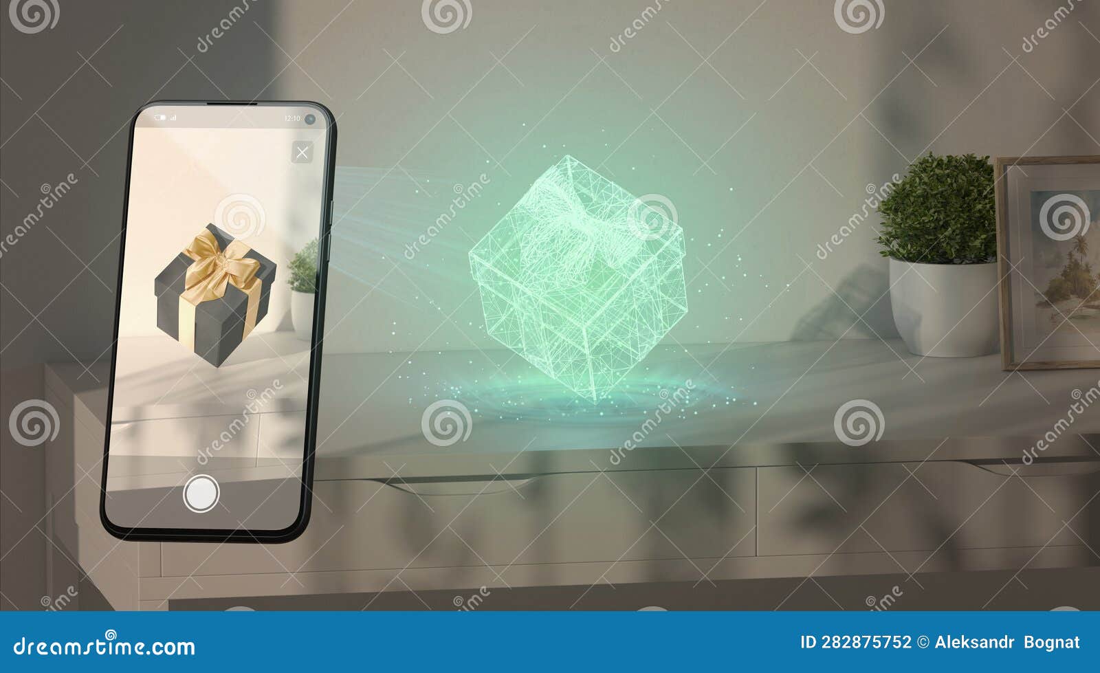 Gift Box Hologram Stand on Table Phone Display Augmented Reality Stock Illustration ...