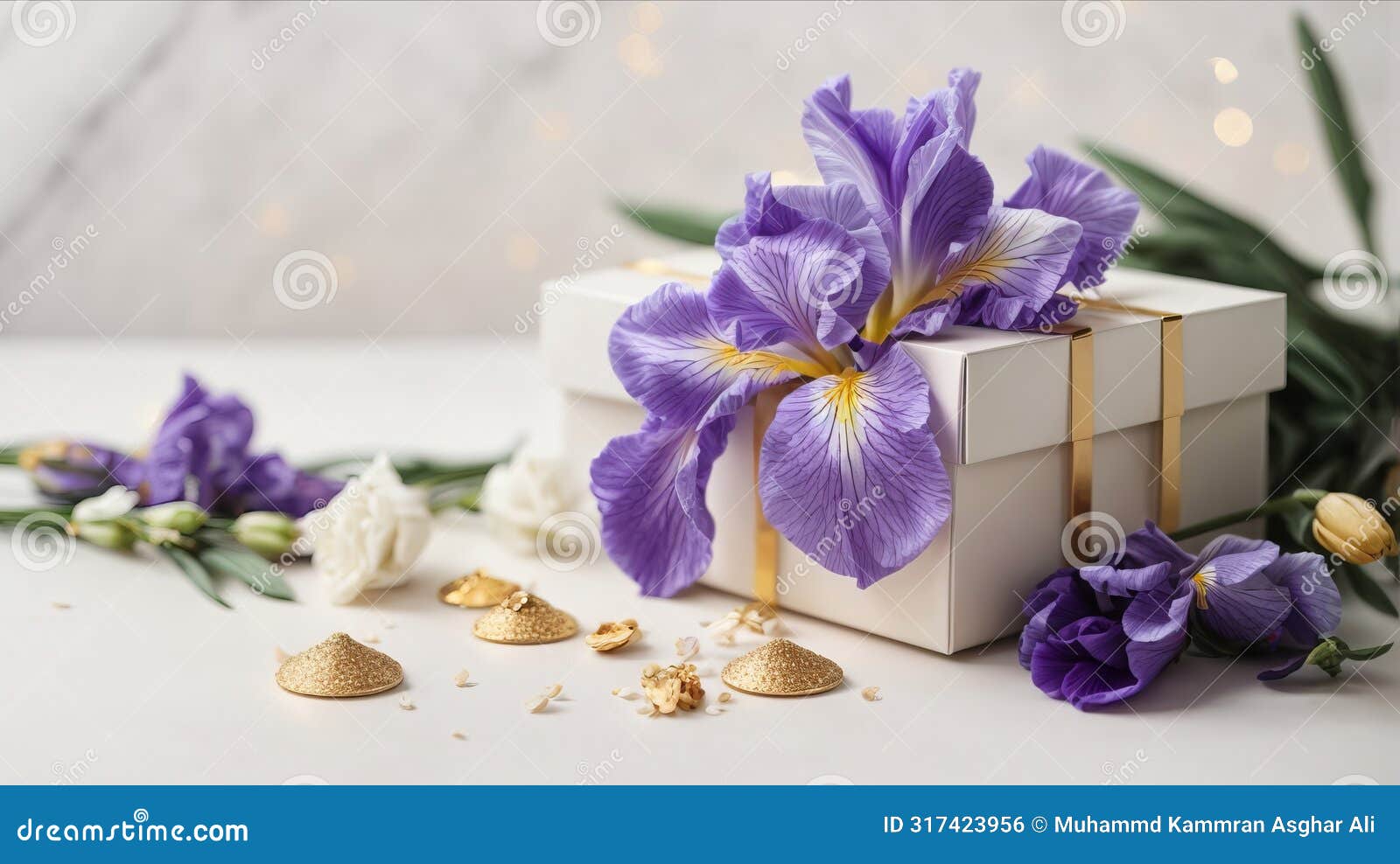 Gift Box with Iris Flower on White Background Stock Illustration ...