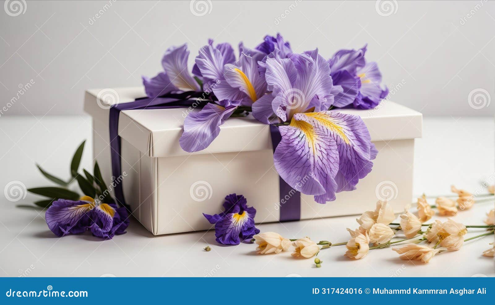 Gift Box with Iris Flower on White Background Stock Illustration ...