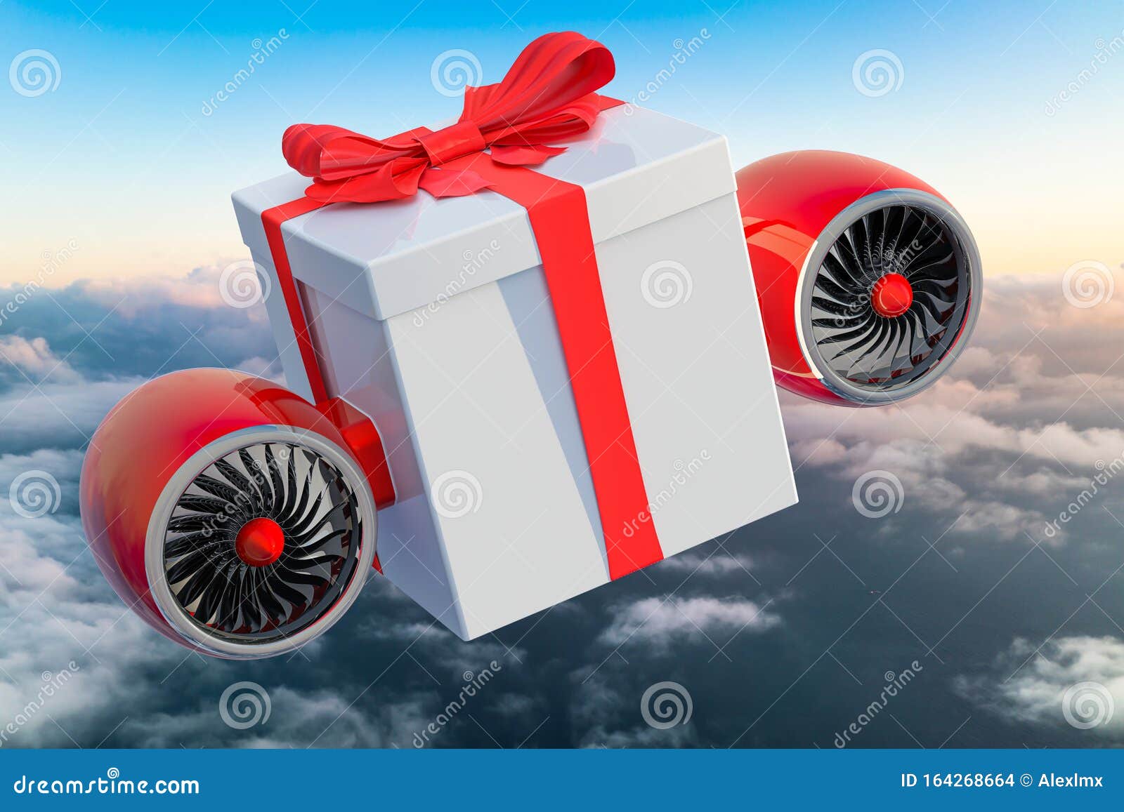 Gift Box with Jet Engines in the Sky. Gift Fast Delivery Concept, 3D ...