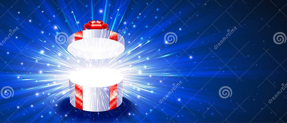 Gift Box Open Firework Explosion Magic Light Rays Background Christmas ...