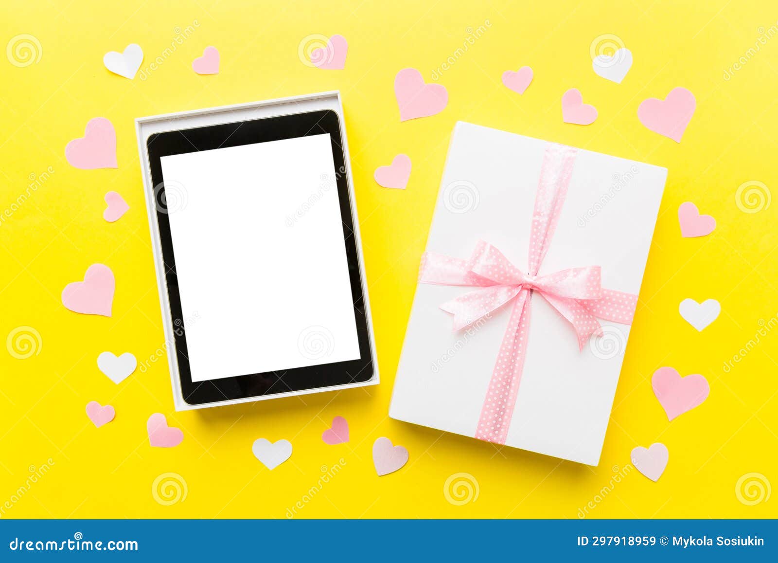 Gift Box of Open Tablet for the Holidays with a Bow Top View Stock ...