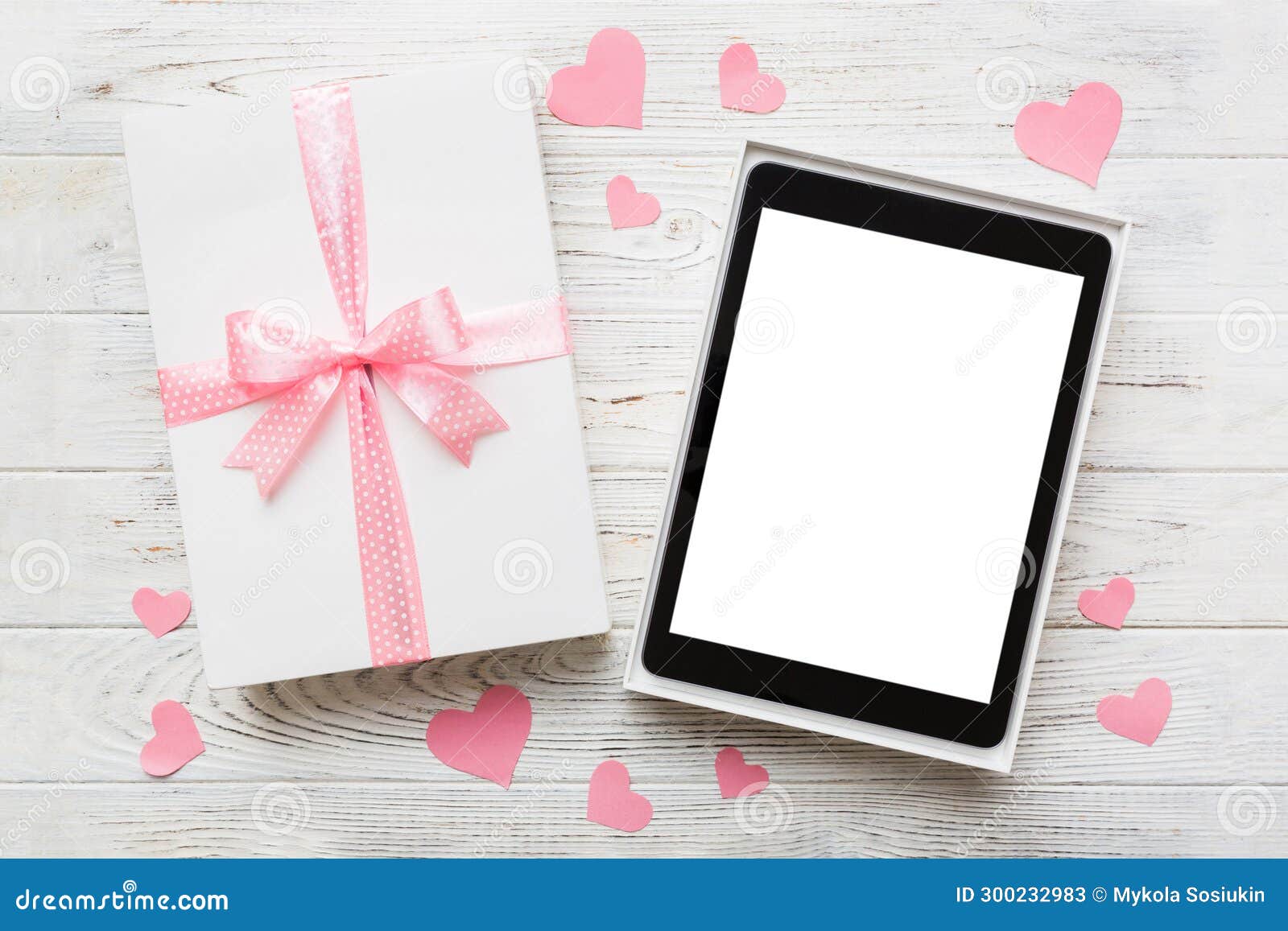 Gift Box of Open Tablet for the Holidays with a Bow Top View Stock ...