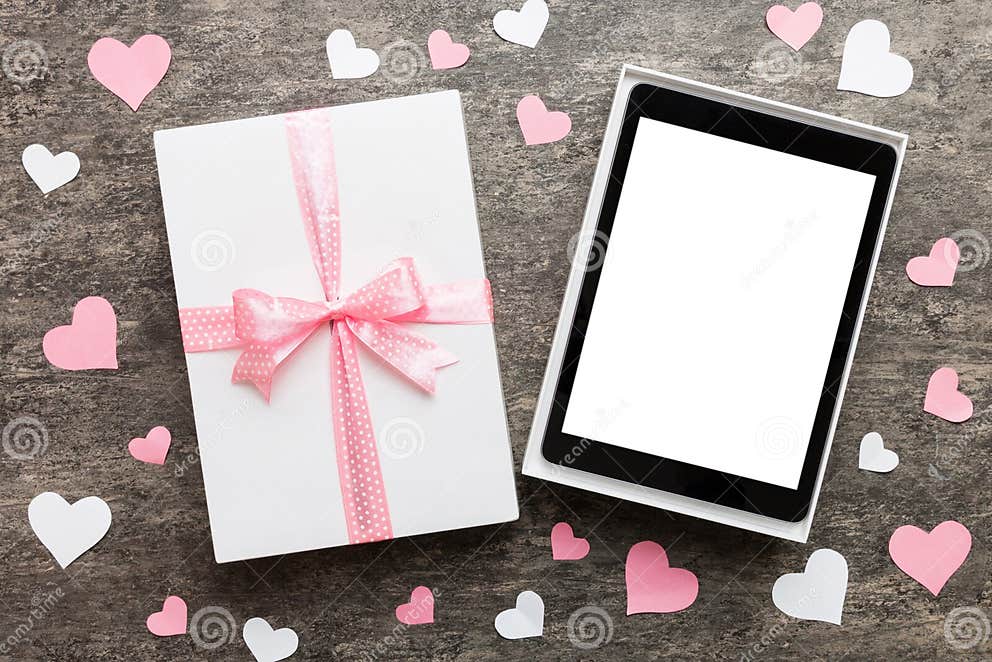 Gift Box of Open Tablet for the Holidays with a Bow Top View Stock ...