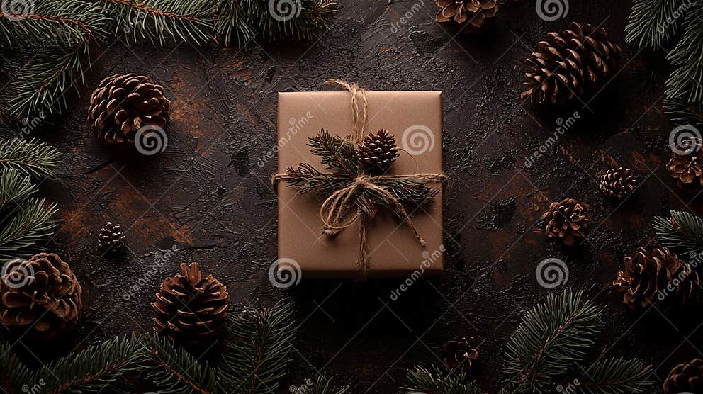 Gift Box and Pinecones Arranged on a Flat Surface with Copy Space Stock ...