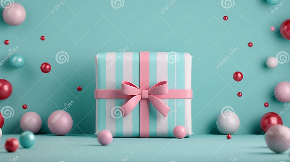 A Gift Box with a Pink Bow and Candy Balls on a Blue Background Stock ...
