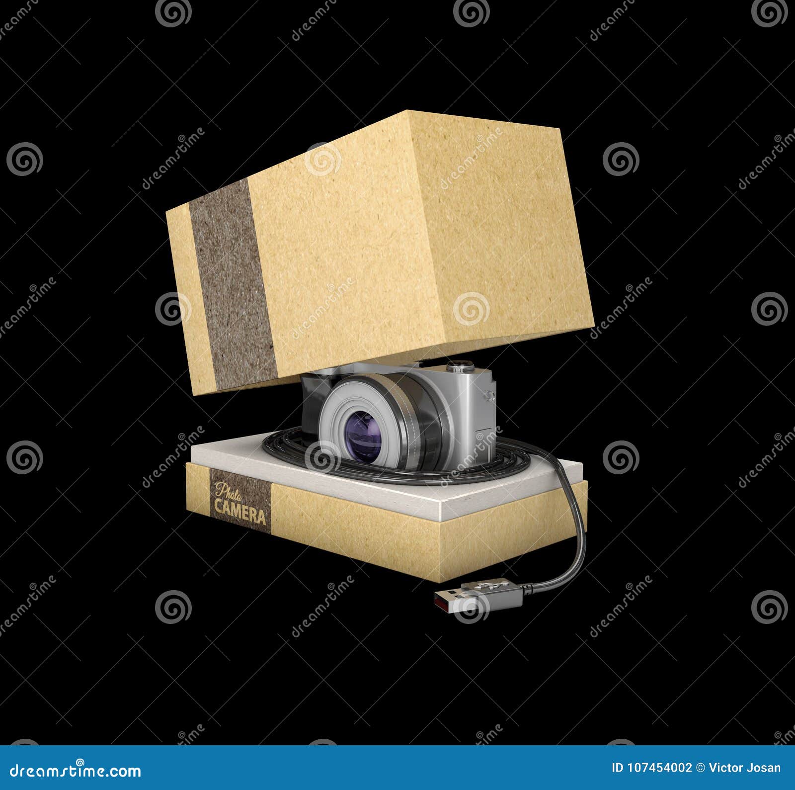 Gift Box Present with Camera, Isolated Black 3d Illustration Stock ...