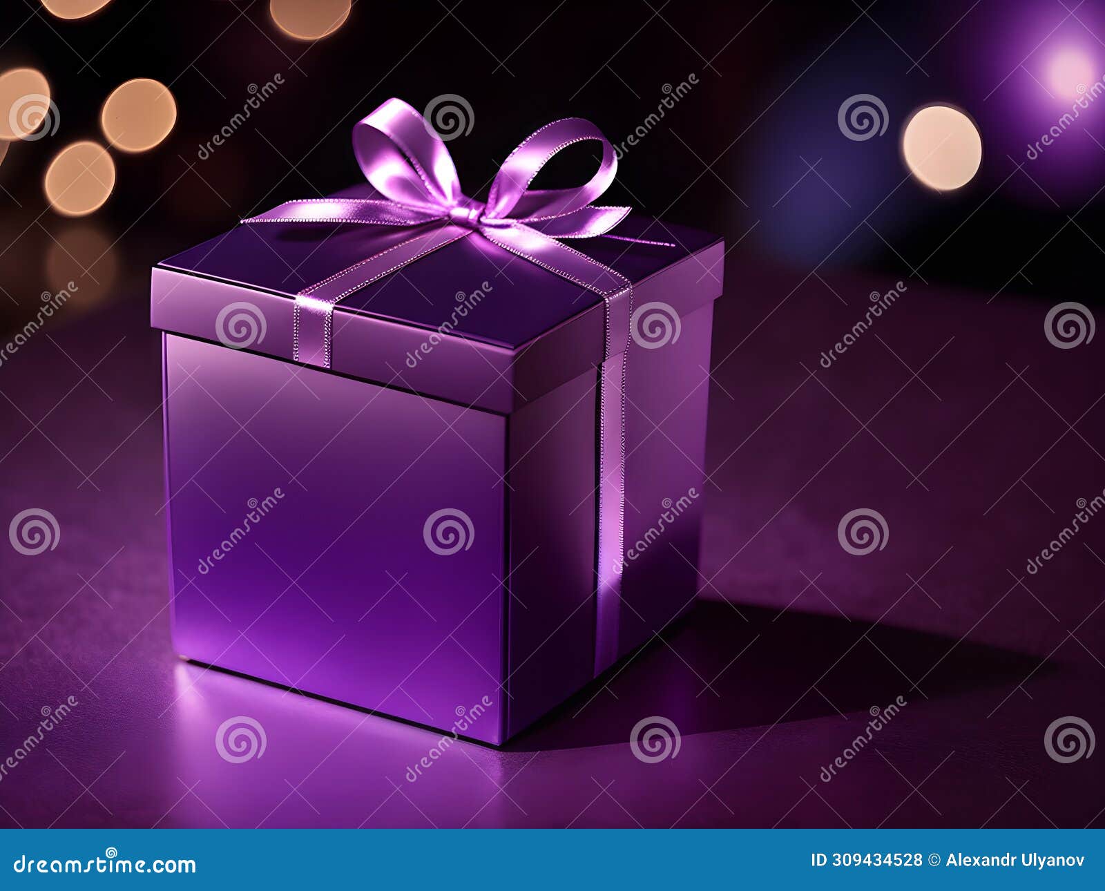 Gift Box in Purple Color with Blurred Lights on Dark Background Stock ...