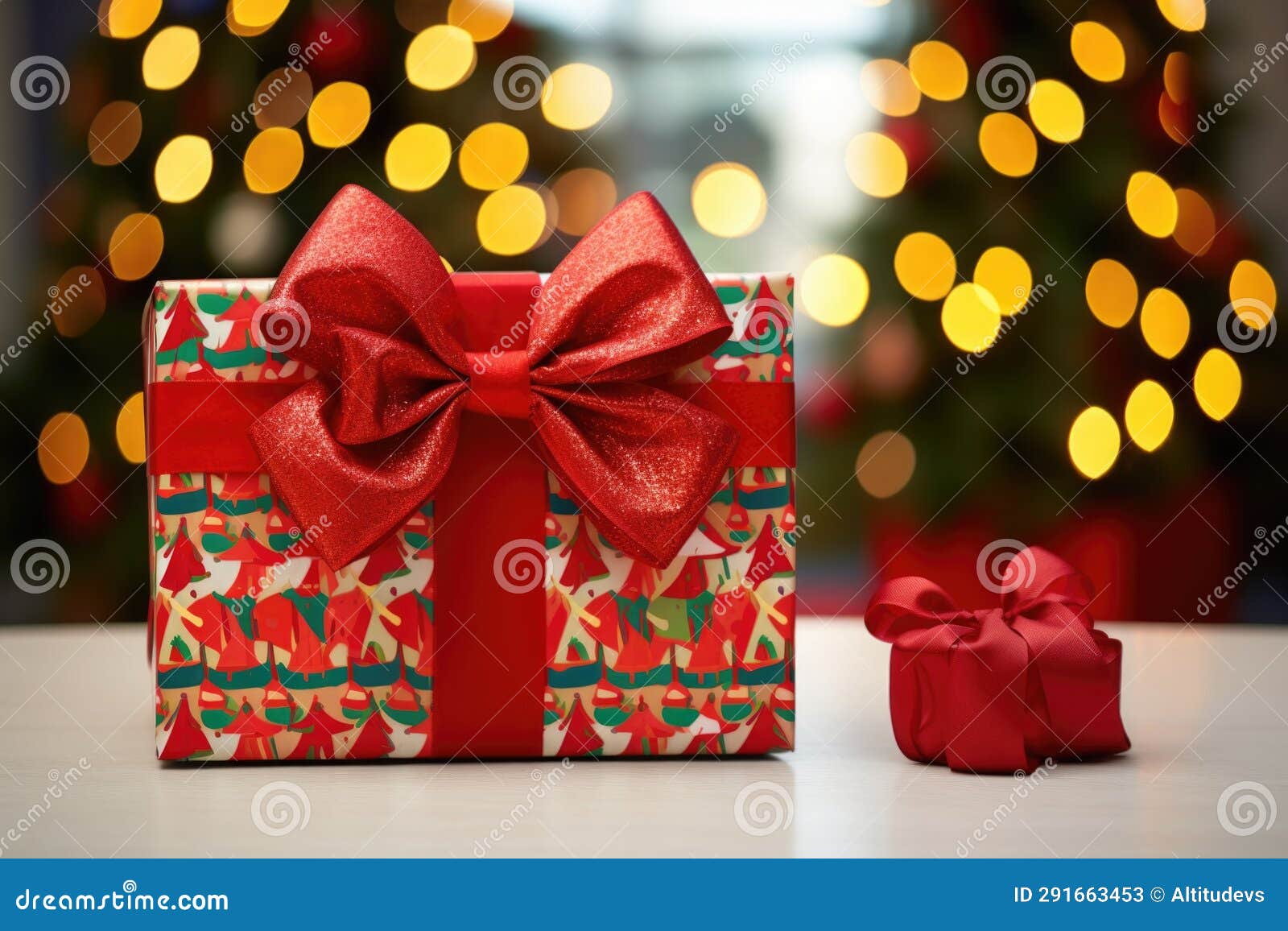 Gift Box with Red Bow and Holiday-themed Wrapping Paper Stock Image ...