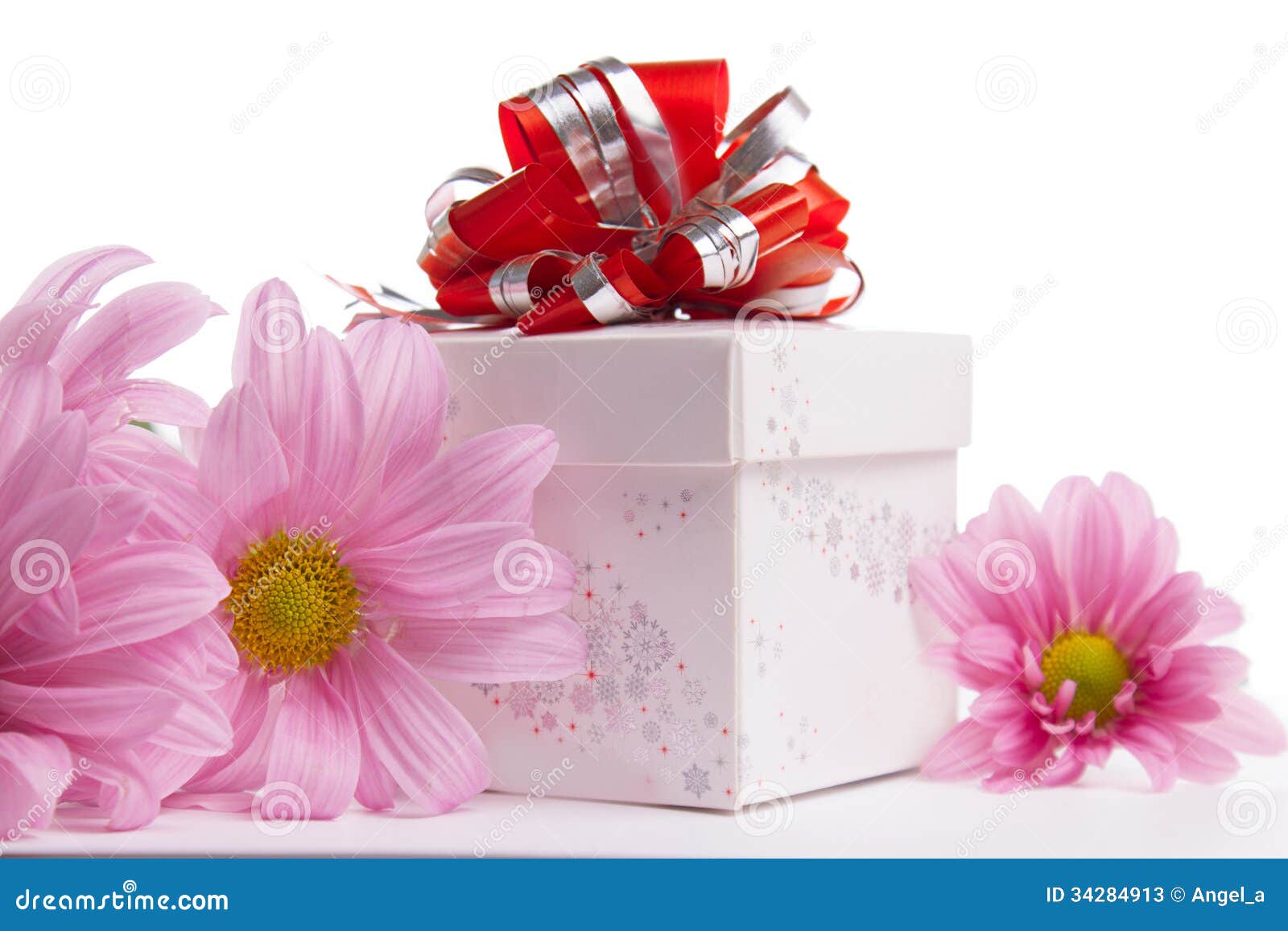 Gift-box with Red Bow with Pink Daisies Stock Image - Image of isolated ...
