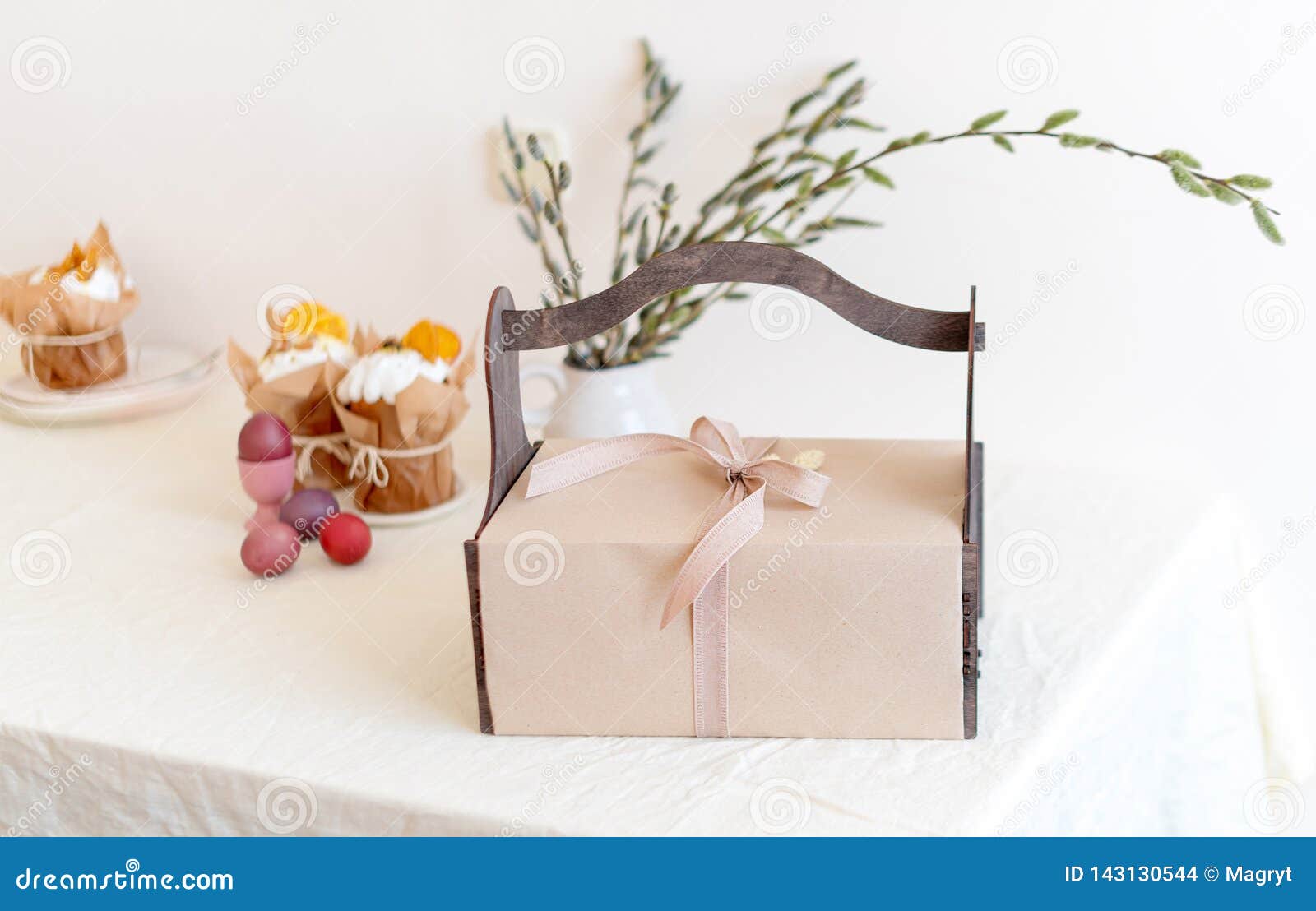Gift Box with Spring Flowers on Light Natural Fabric Background. Easter ...