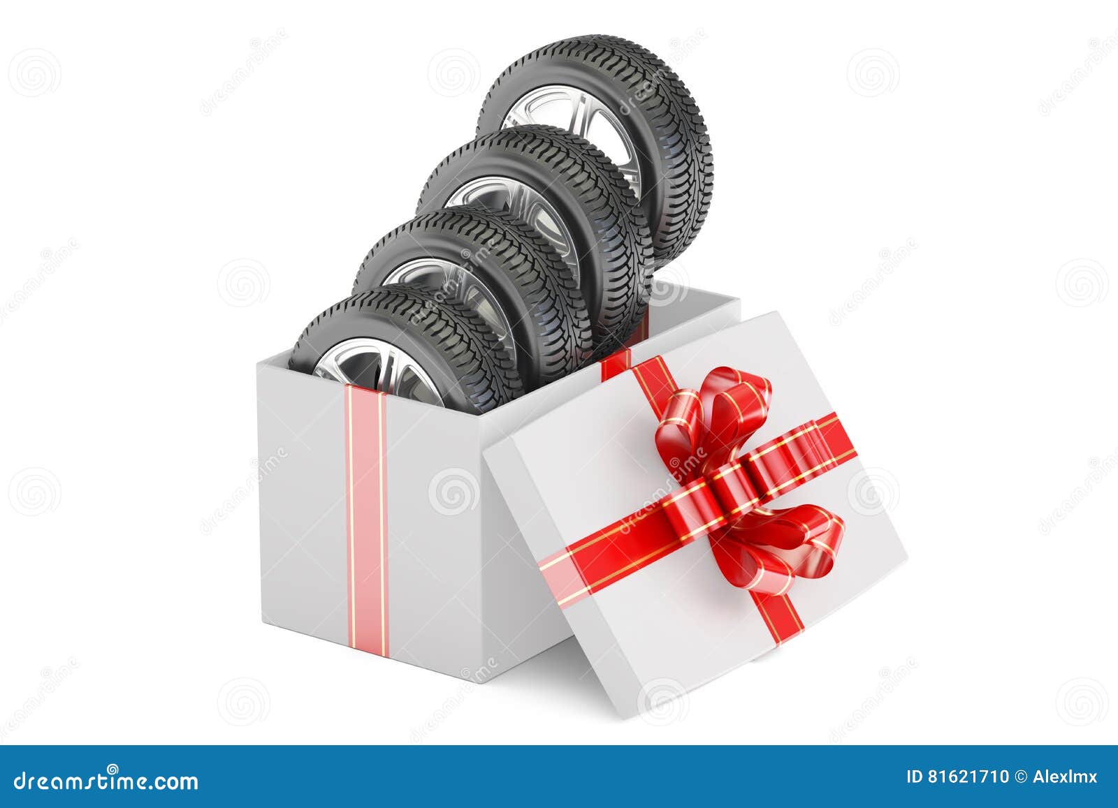 Gift Box with Tires and Wheels, 3D Rendering Stock Illustration ...
